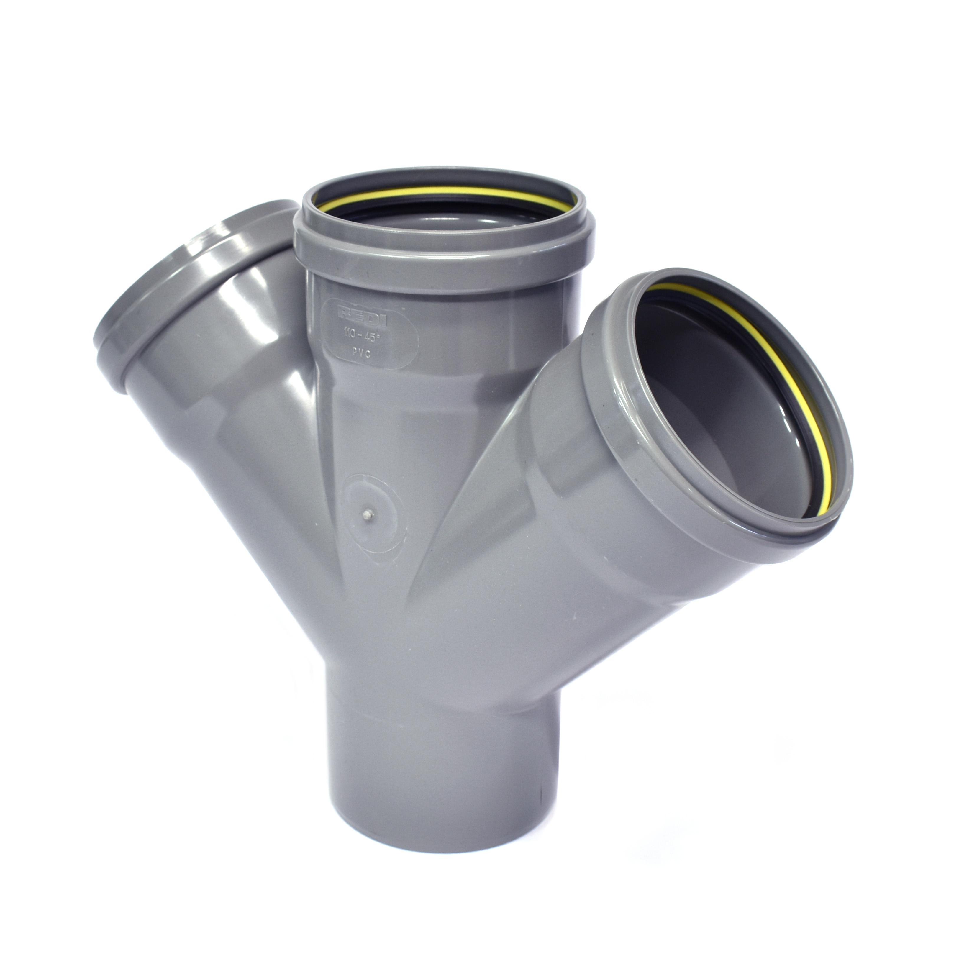 PVC Dubbel T-stuk 45°, mof x mof x mof x spie, SN4, grijs - PVC Manchet